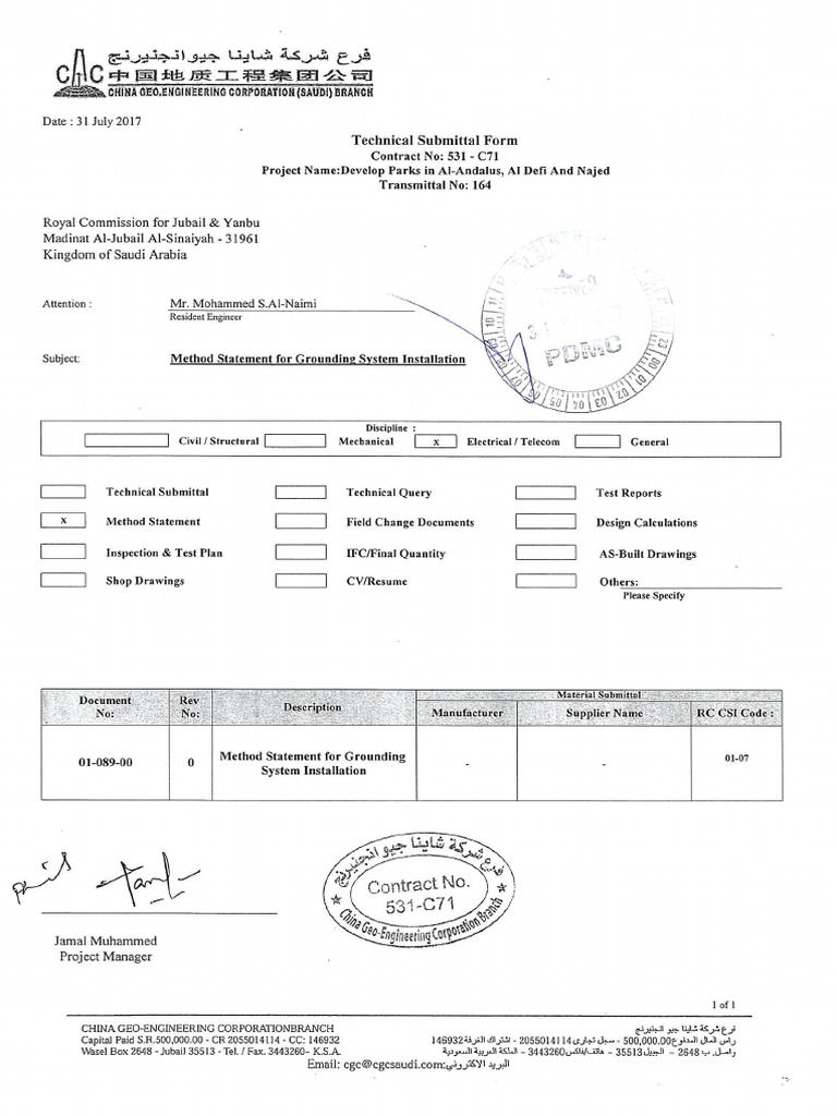 164 20170731 Method Statement For Grounding System Installation