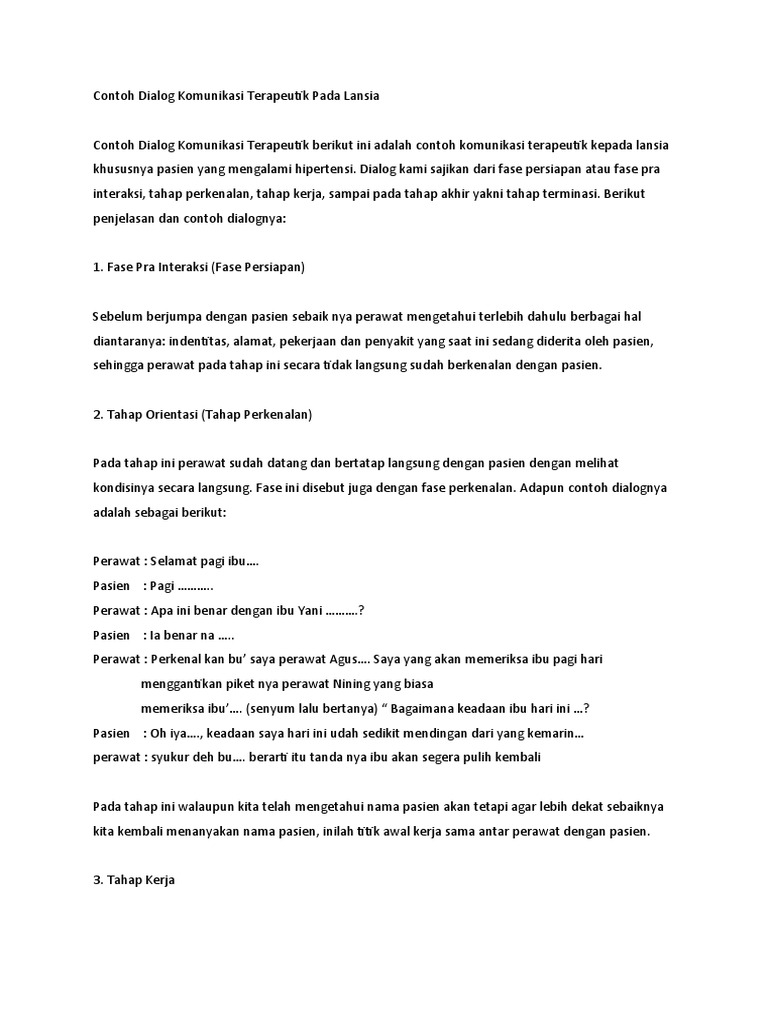 Contoh Dialog Komunikasi Terapeutik Pada Lansia | PDF | Gaya Hidup