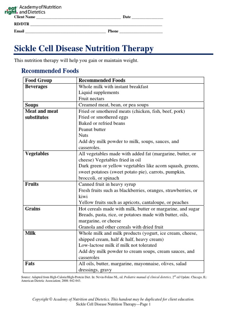 Sickle Cell Disease Nutrition Therapy | PDF | Meal | Foods