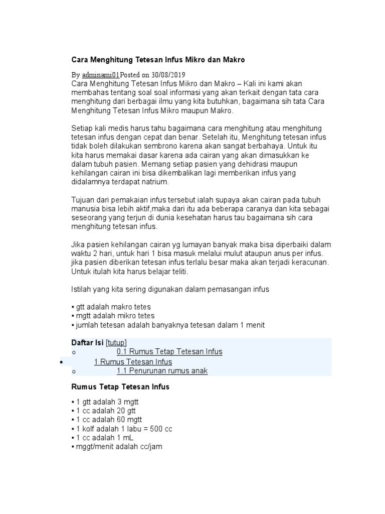 Cara Menghitung Tetesan Infus Mikro Dan Makro | PDF