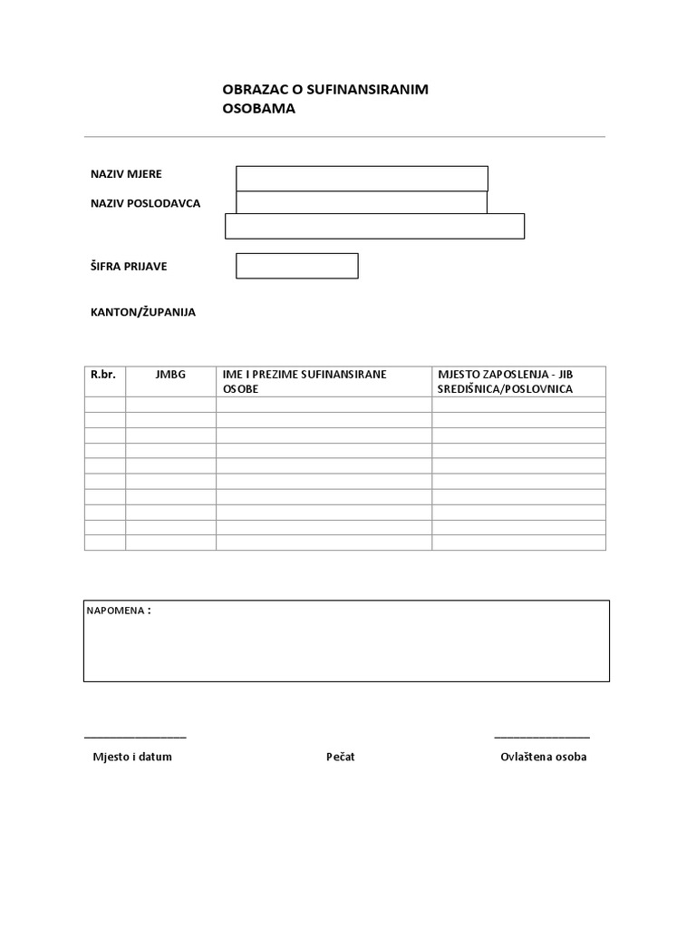 Obrazac o Sufinansiranim Osobama-1 | PDF