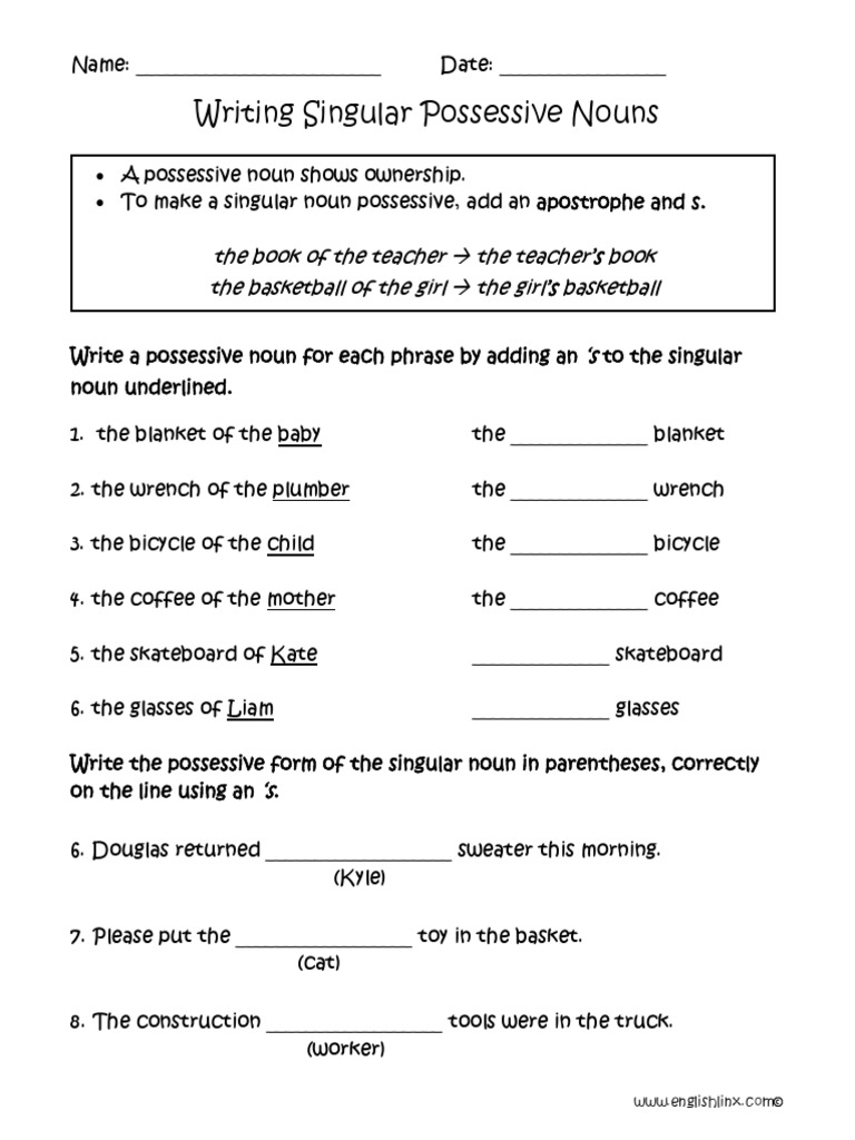 Singular Possessive Nouns Worksheet | PDF | Syntax | Syntactic ...