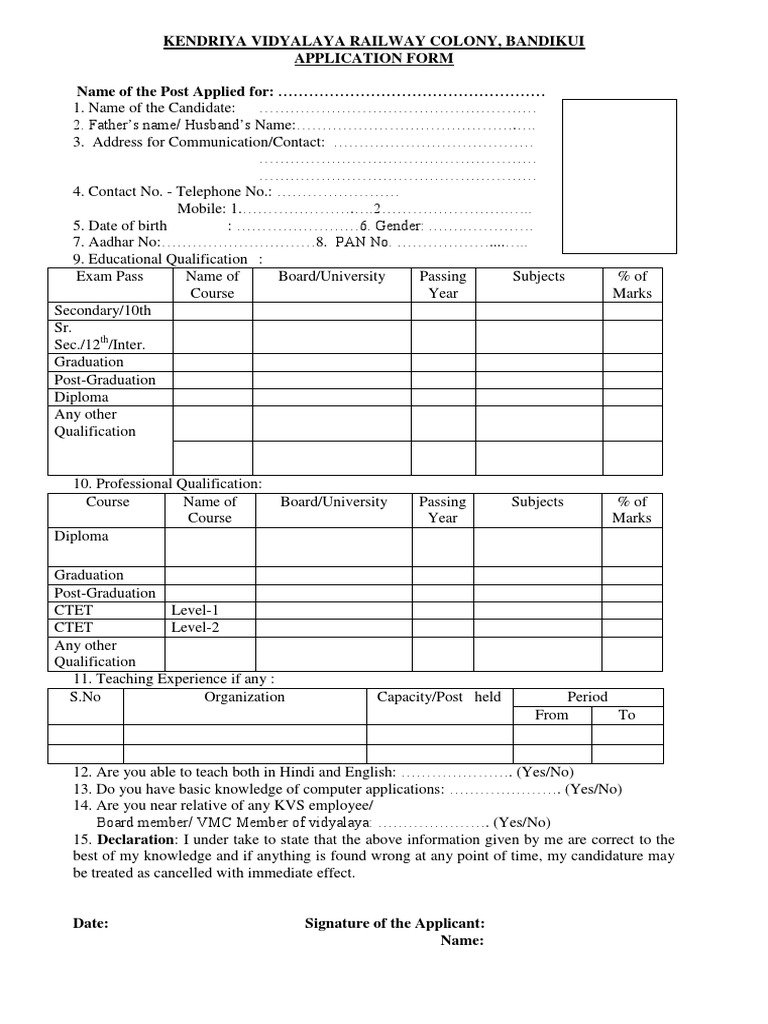 Kendriya Vidyalaya Railway Colony, Bandikui Application Form | PDF