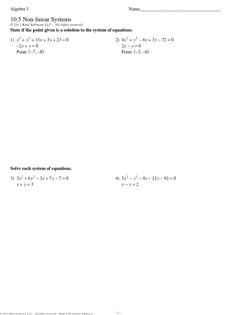 Extra Practice Non Linear Systems Ws 10 5 Pdf Equations Teaching