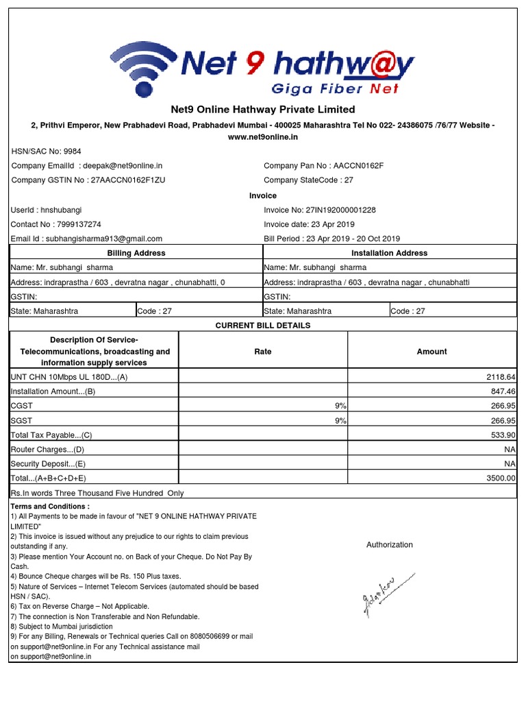 Net9 Online Hathway Private Limited: Terms and Conditions | PDF ...