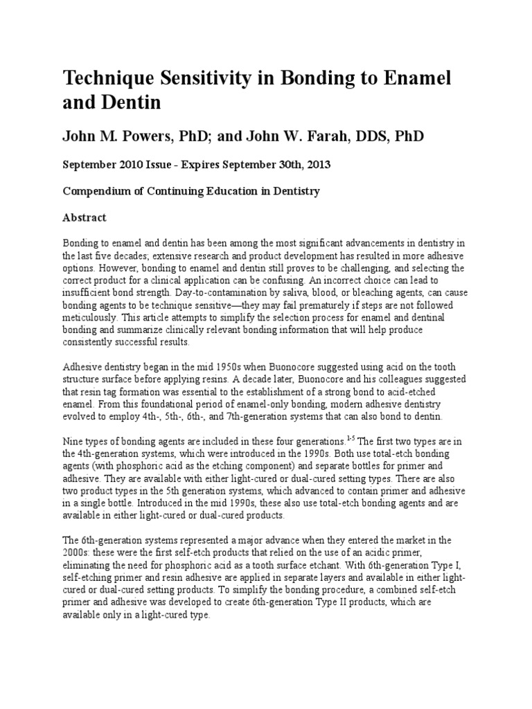 Technique Sensitivity in Bonding To Enamel and Dentin | PDF | Tooth ...
