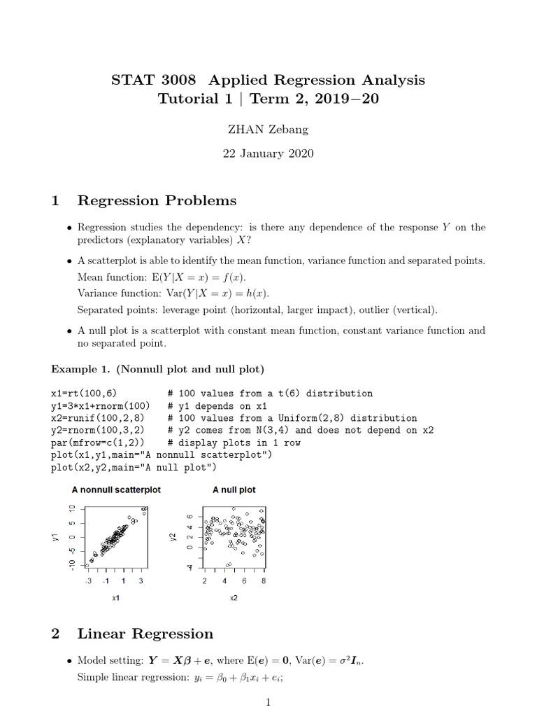 STAT 3008 Applied Regression Analysis Tutorial 1 - Term 2, 2019 20 | PDF | Ordinary Least ...