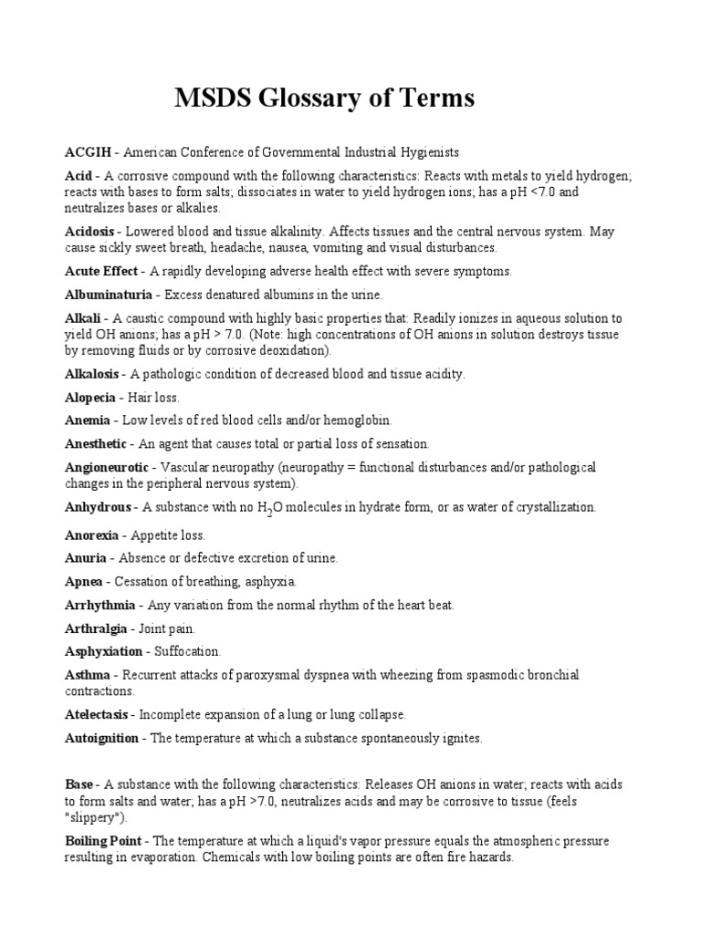 Glossary Terms of MSDS OSHA | PDF | Redox | Ph