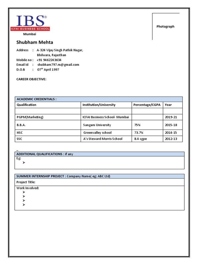 Shubham Mehta's Resume: Marketing PGPM, B.B.A. | PDF | Career & Growth