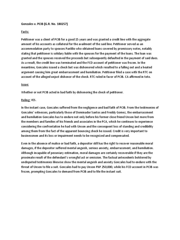 Gonzales v. PCIB: Bad Faith in Check Dishonor | PDF