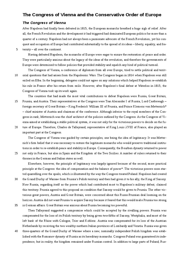 The Congress of Vienna and The Conservative Order of Europe | PDF ...