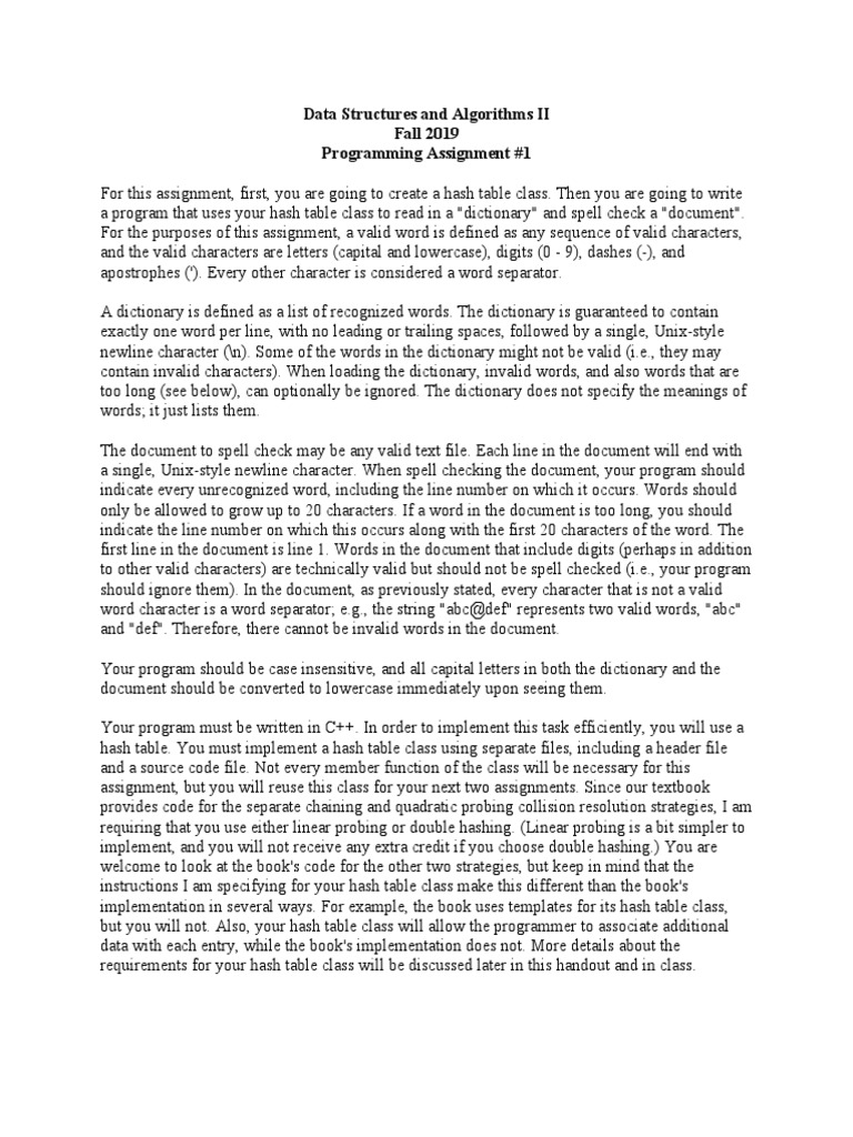 Data Structures and Algorithms II Fall 2019 Programming Assignment #1 ...