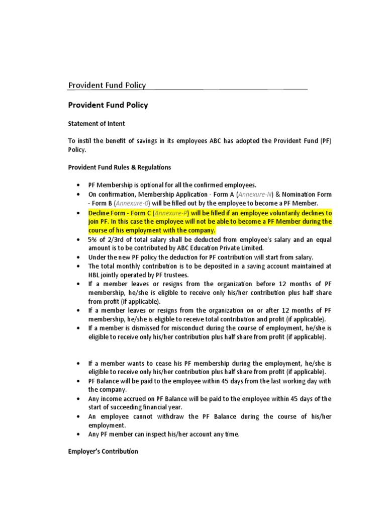 Provident Fund Policy | PDF | Loans | Employment