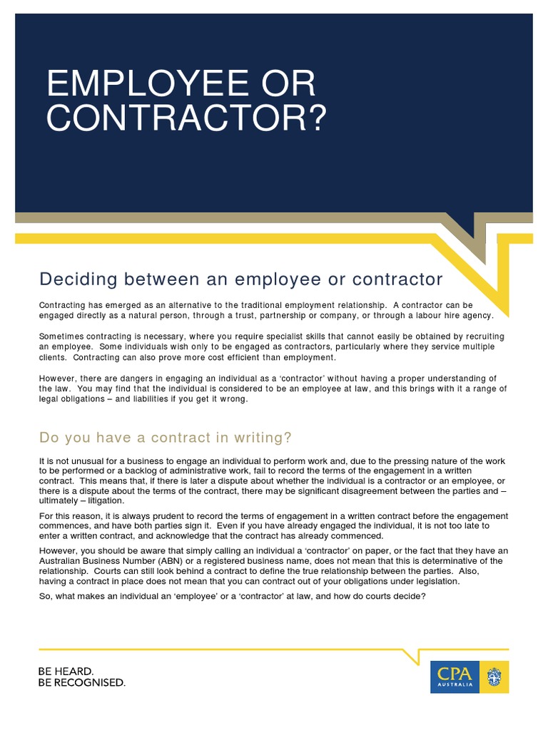 Employee Versus Contractor Factsheet PDF | PDF | Independent Contractor ...