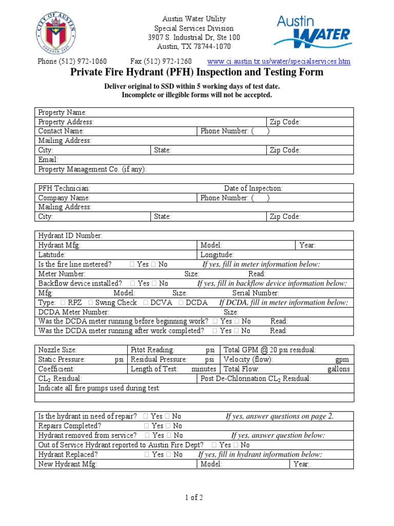 Private Fire Hydrant (PFH) Inspection and Testing Form | PDF ...