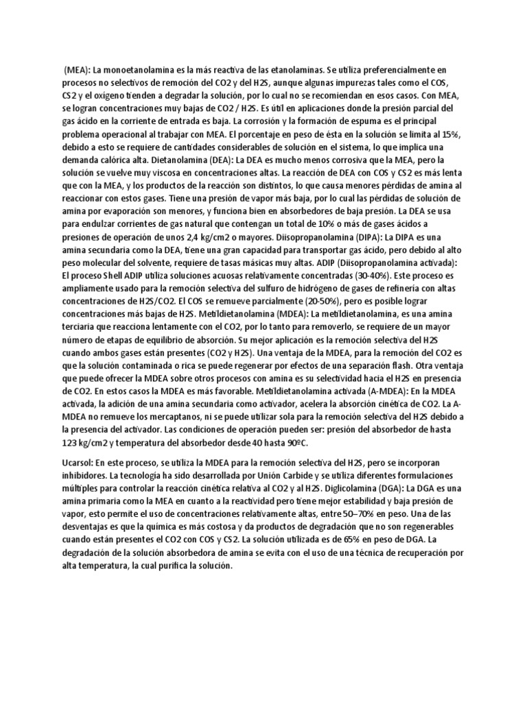 Mea, Dea y Mdea | PDF | Absorción (Química) | Dióxido de carbono