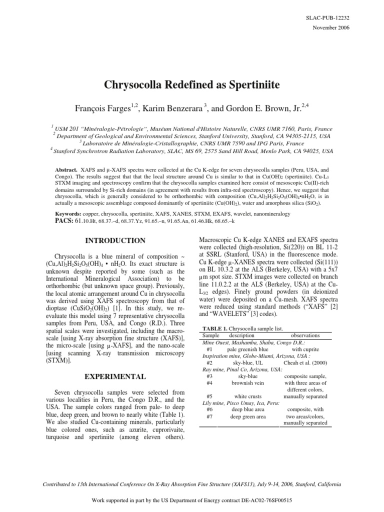 Chrysocolla Redefined As Spertiniite | PDF | Spectroscopy | Molecular ...