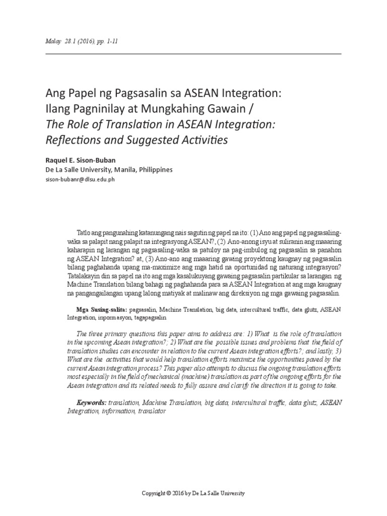 Ang Papel NG Pagsasalin Sa ASEAN Integration: Ilang Pagninilay at ...