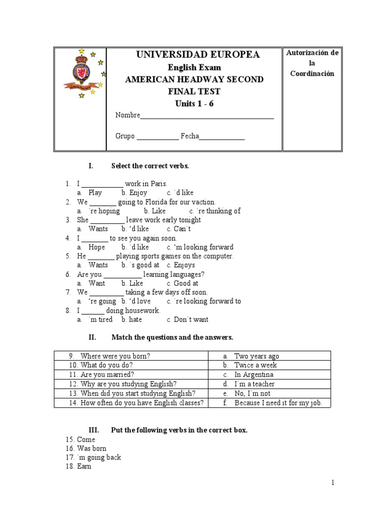 American Headway 2 Units 1-6 Final Test | PDF