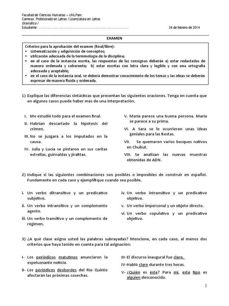 Examen Gramática Del Español | PDF | Verbo | Onomástica