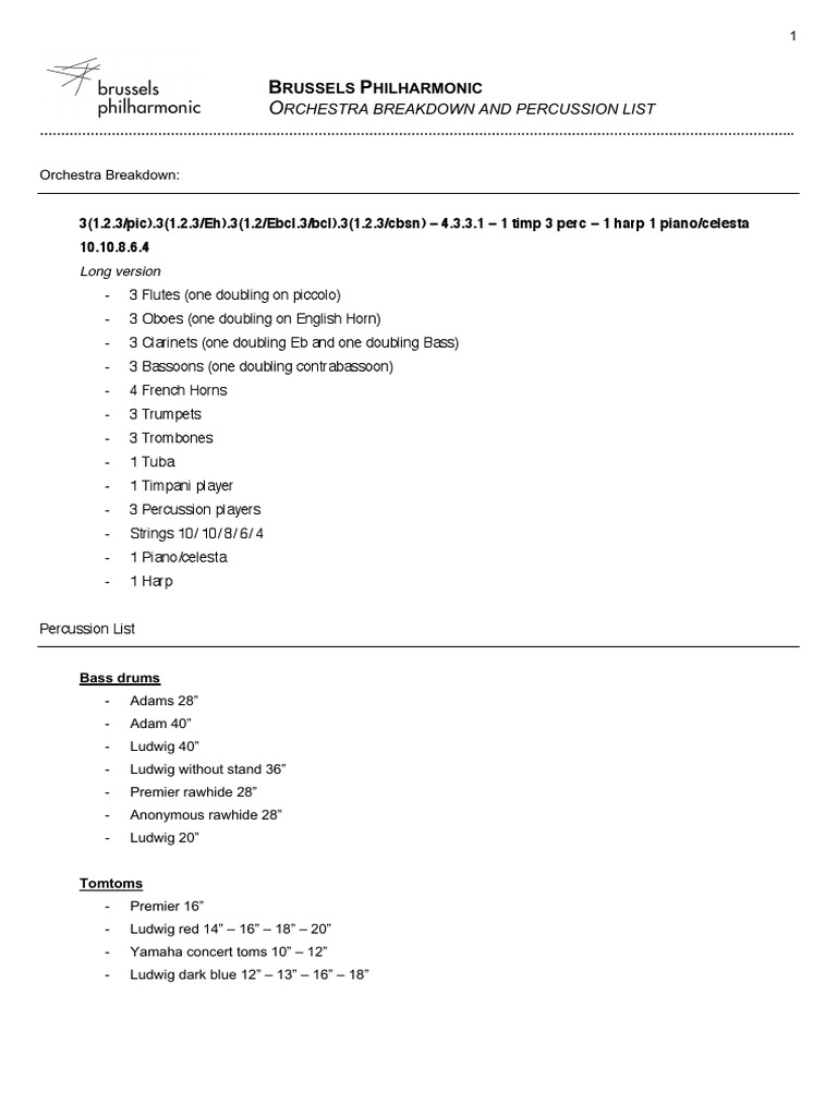 Brussels Philharmonic - Orchestra Breakdown and Percussion List | PDF ...