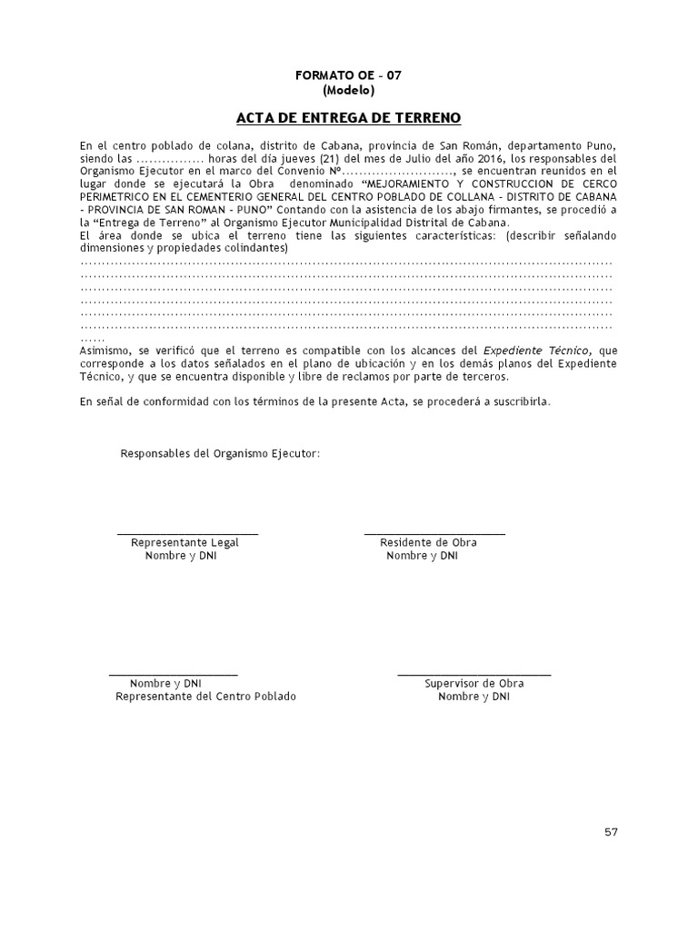 Formato Oe 07 Modelo Acta de Entrega de | PDF | Gobierno