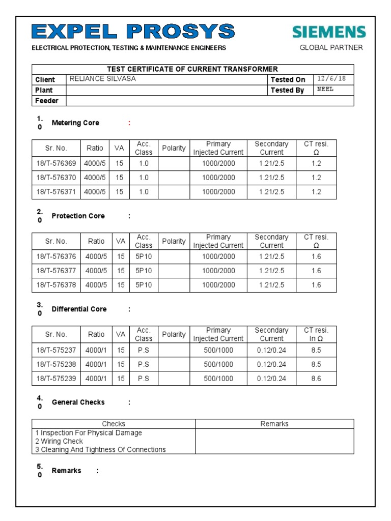 Test Certificate of Current Transformer Client Tested On Plant Tested ...
