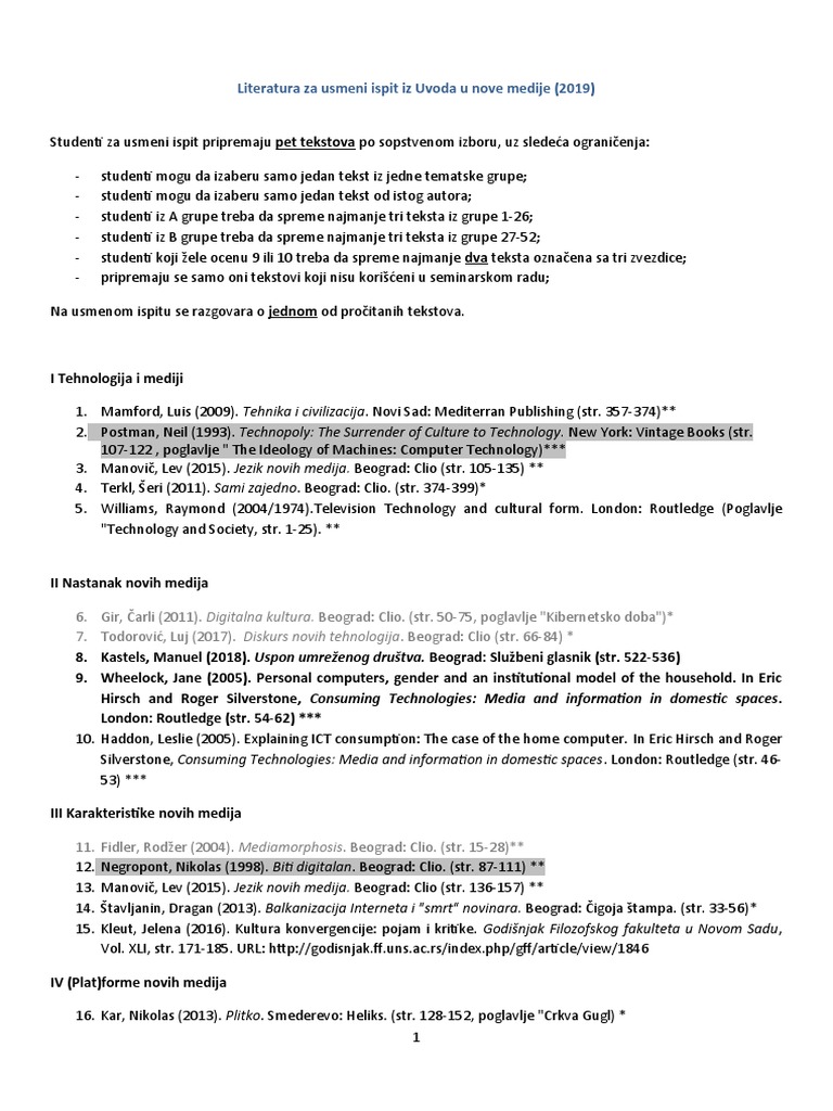 Literatura Za Usmeni Ispit Iz Uvoda U Nove Medije 2019 | PDF