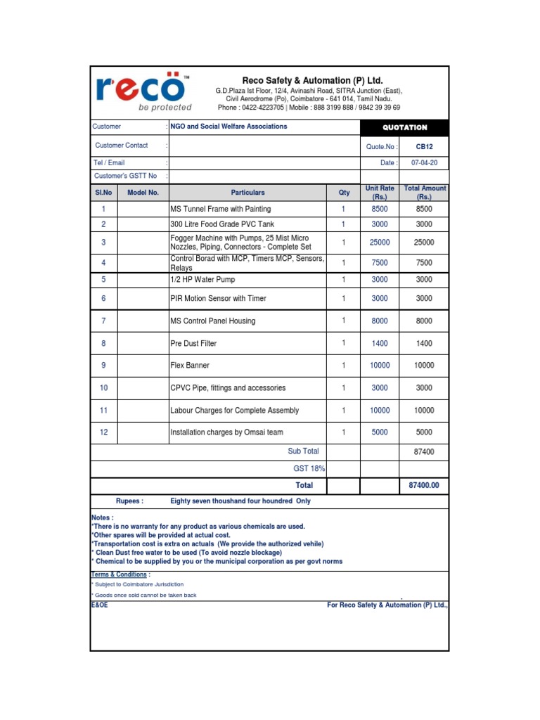 Reco Safety Automation Quotation for NGO Social Welfare Associations ...
