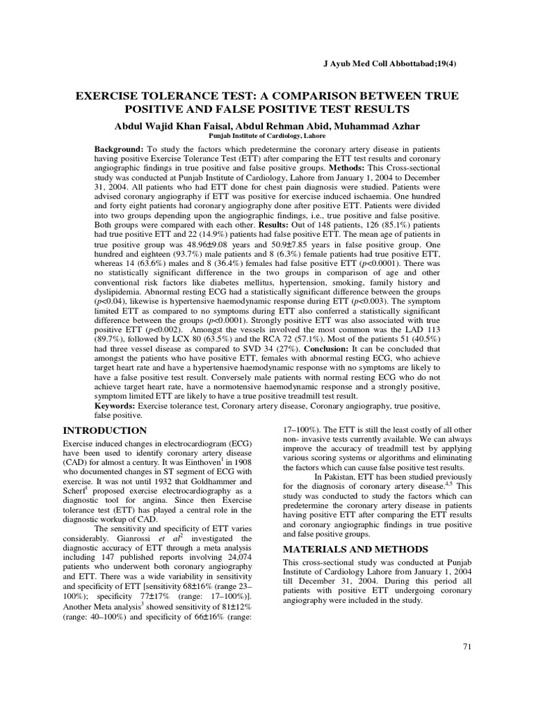 Exercise Tolerance Test: A Comparison Between True Positive and False ...