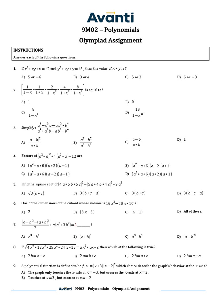 9M02 - Olympiad - Assignment - Polyniomials - Que. (v2) | PDF ...