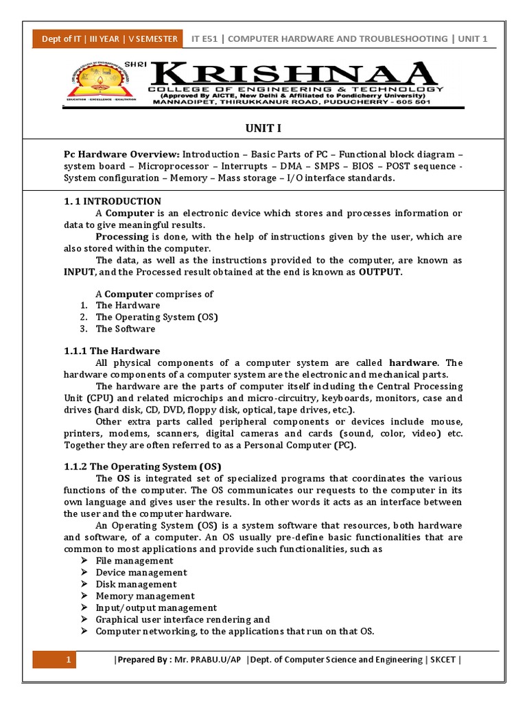 Unit I: It E51 - Computer Hardware and Troubleshooting - Unit 1 | Download Free PDF | Random ...