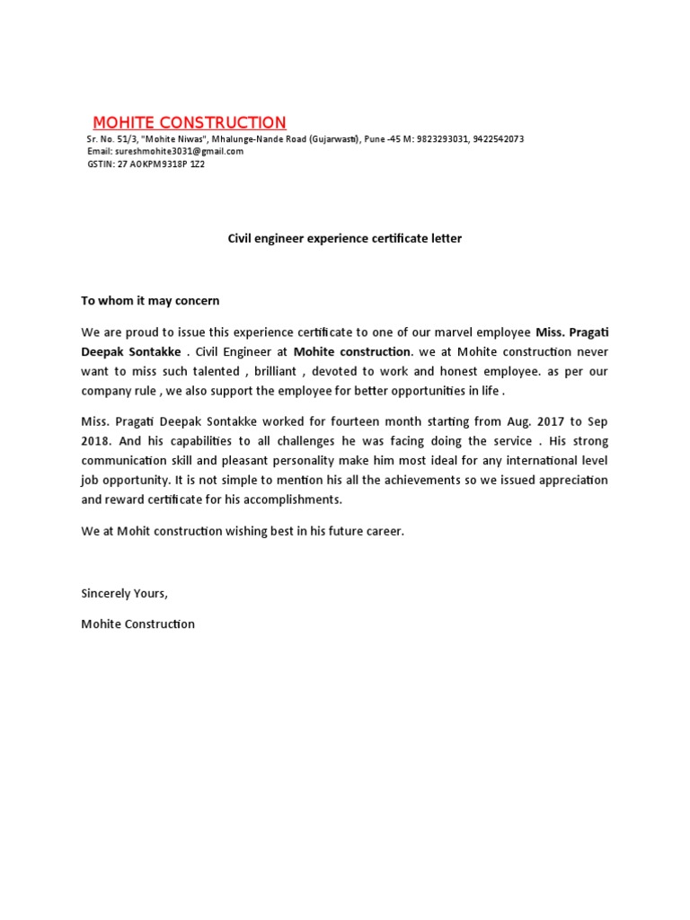 Mohite Construction: Civil Engineer Experience Certificate Letter | PDF