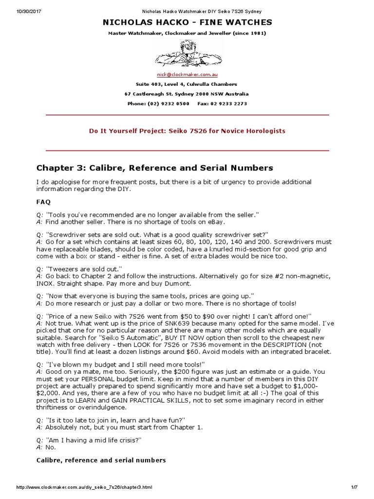 Nicholas Hacko - Fine Watches: Do It Yourself Project: Seiko 7S26 For Novice Horologists | PDF ...