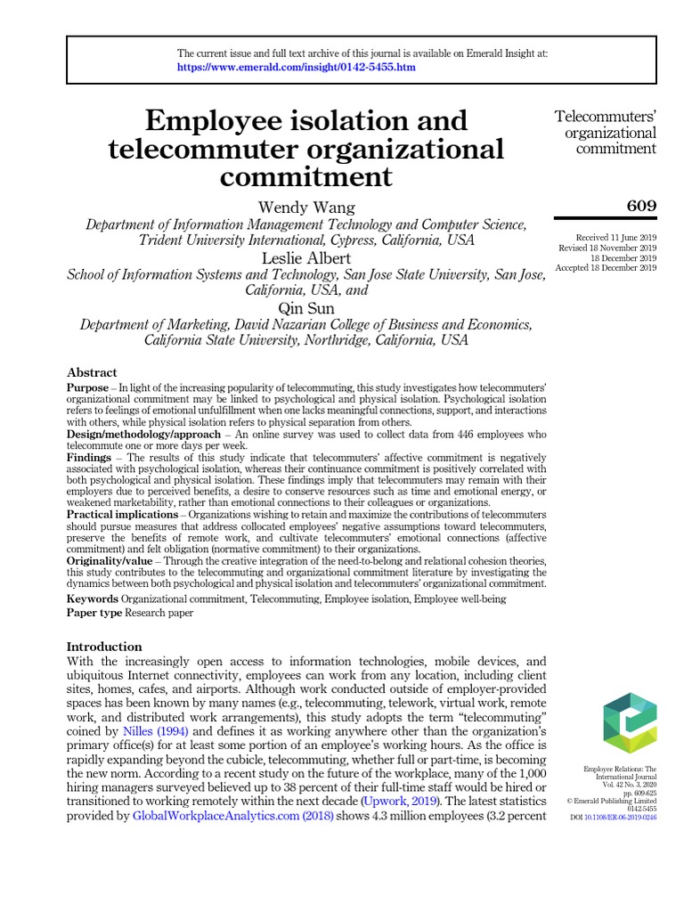 Employee Isolation and Telecommuter Organizational Commitment PDF | PDF | Telecommuting | Affect ...