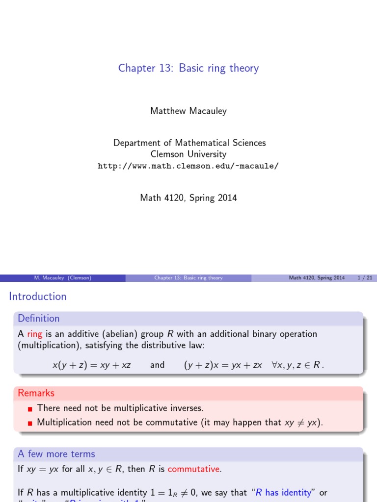 Chapter 13: Basic Ring Theory: Matthew Macauley | PDF | Ring ...