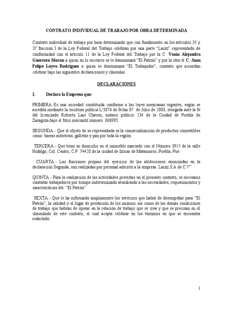 Contrato Individual de Trabajo Por Obra Determinada | PDF | Propiedad | Salario