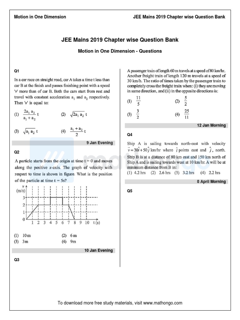 JEE Mains 2019 Chapter Wise Question Bank: Motion in One Dimension ...