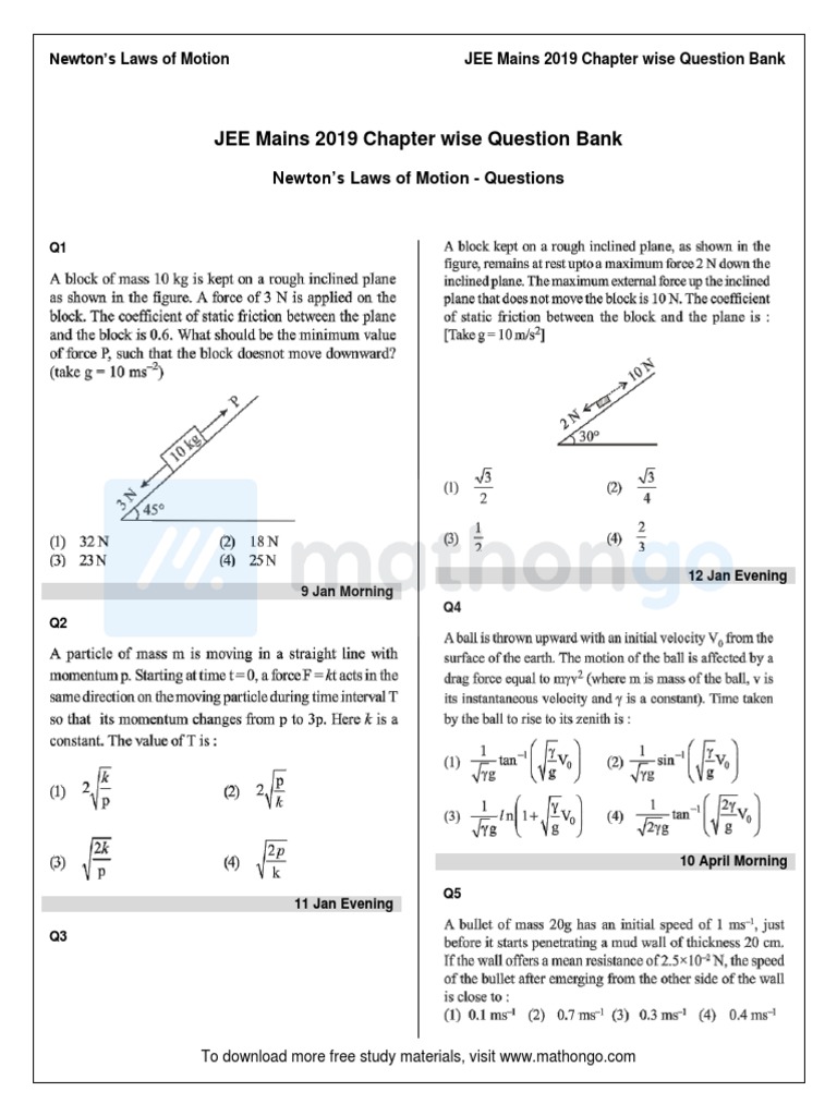 JEE Mains 2019 Chapter Wise Question Bank: Newton's Laws of Motion ...