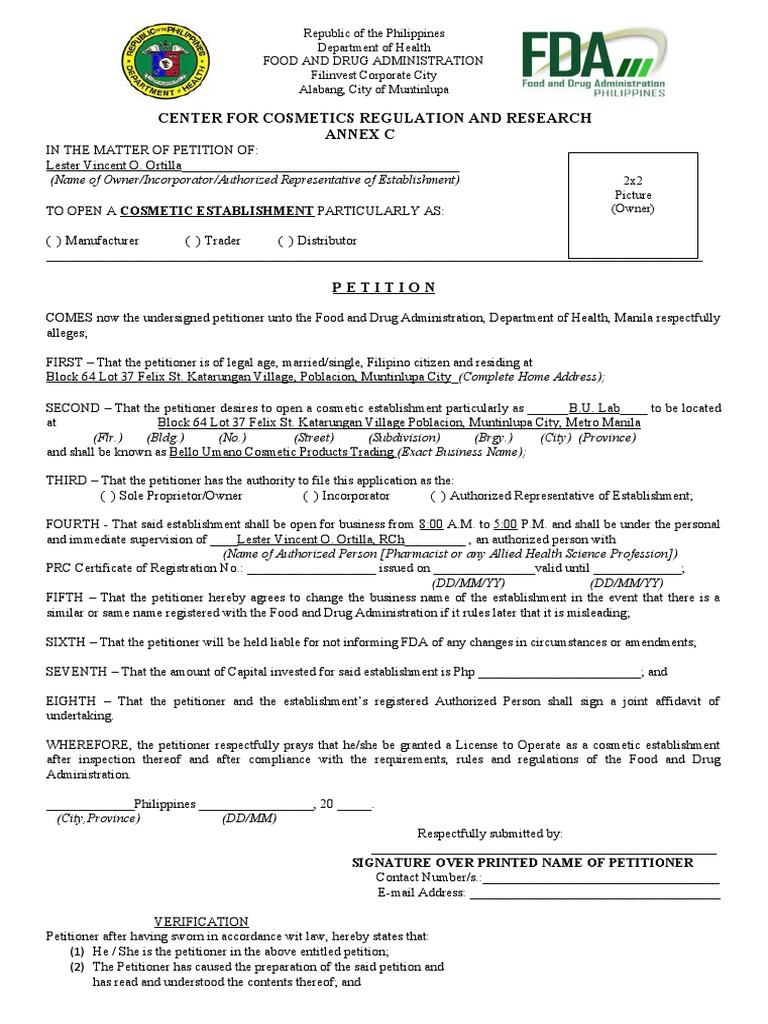 Petition to Open Cosmetic Establishment | PDF | Social Institutions ...