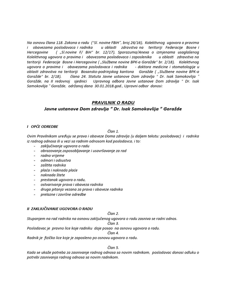 PRAVILNIK O RADU - 19.01.2018.god | PDF