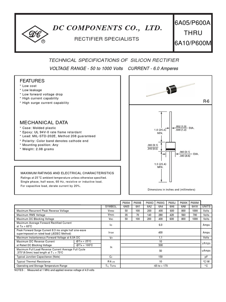 DC Components Co., LTD.: 6A05/P600A Thru 6A10/P600M | PDF | Rectifier ...