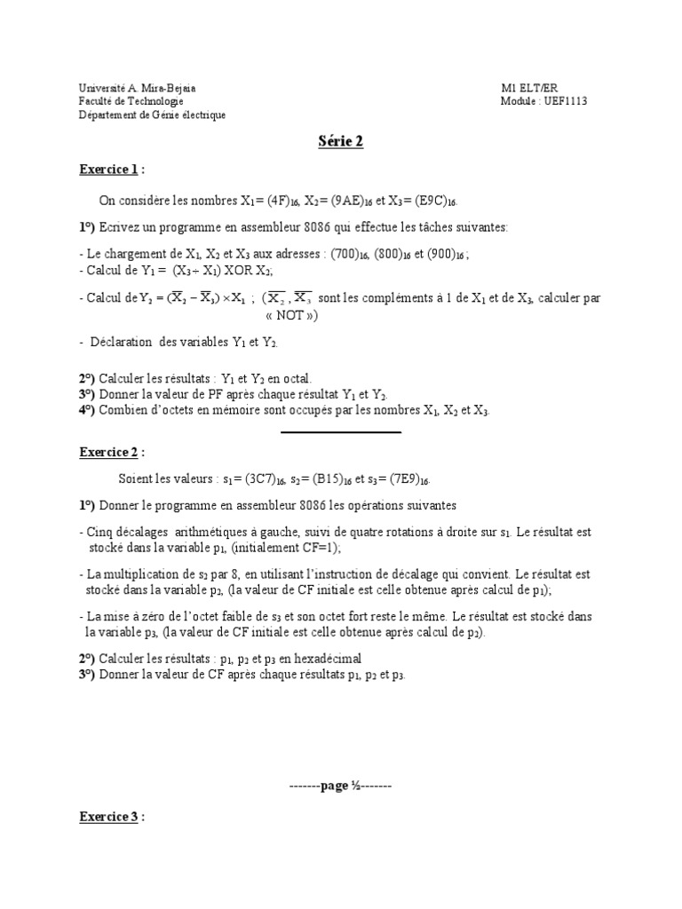 Exercices Assembleur M1 ELT ER Serie 2 Avec Corrigé | PDF | Ingénierie informatique | Notation ...