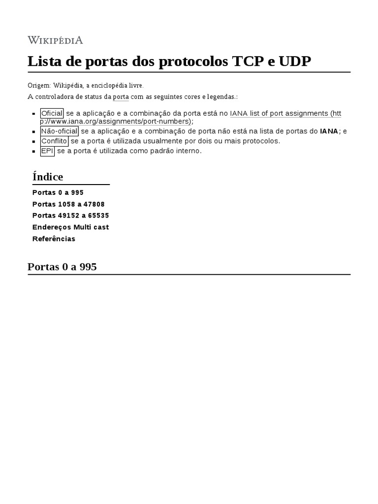 Lista de Portas Dos Protocolos TCP e UDP PDF | PDF | Porta (rede de computadores) | Protocolo de ...