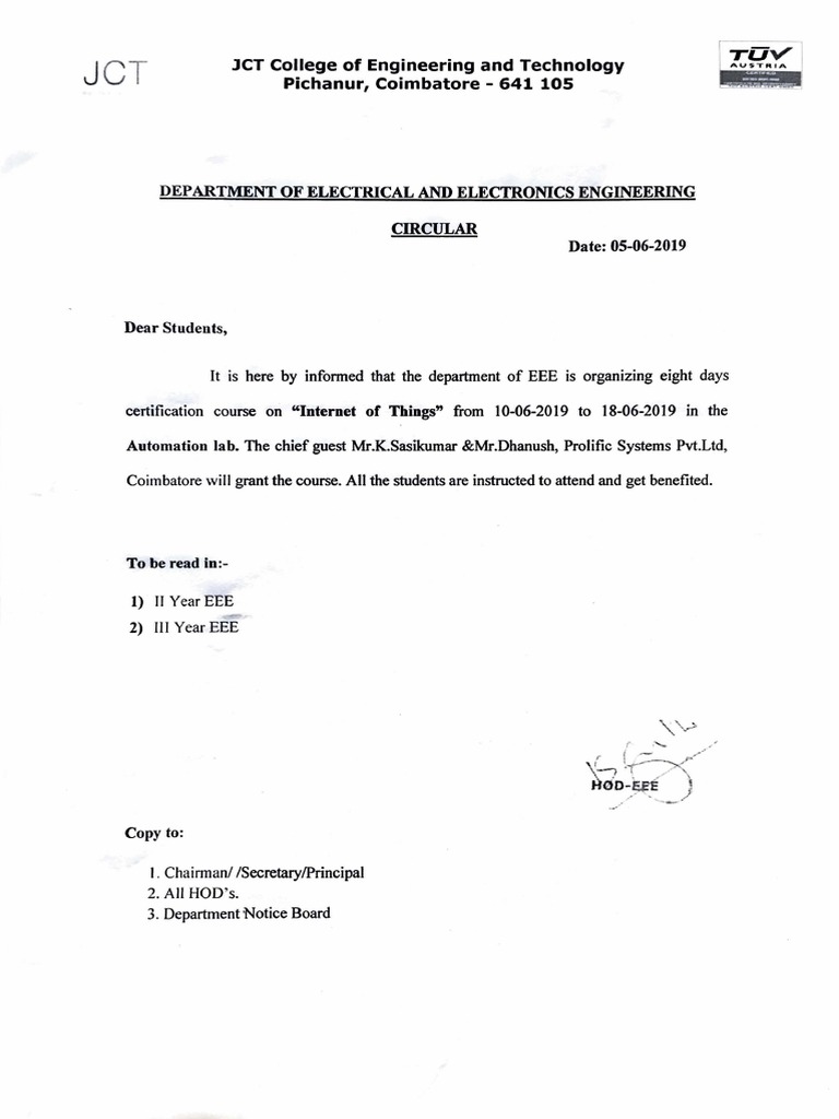 Department of Electrical and Electronics Engineering Circular | PDF