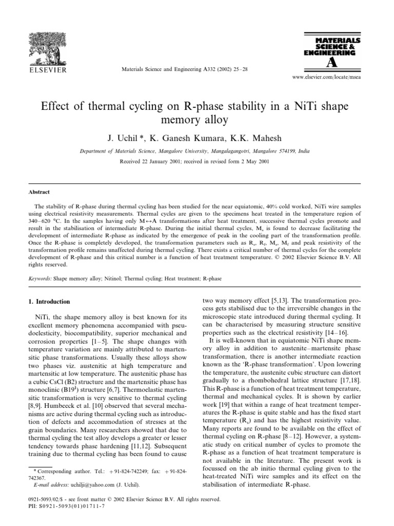 Effect of Thermal Cycling On R-Phase Stability in A NiTi Shape Memory ...