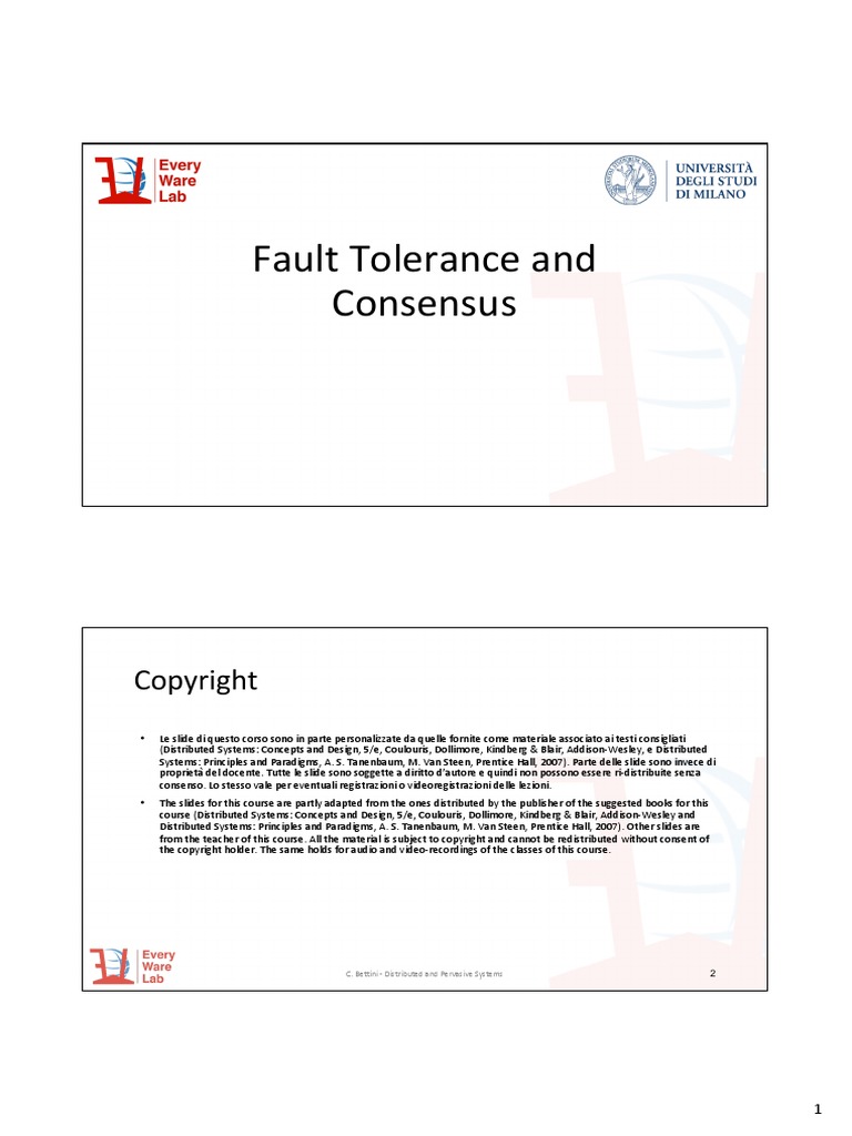 Fault Tolerance and Consensus: C. Bettini - Distributed and Pervasive Systems | PDF | Areas Of ...