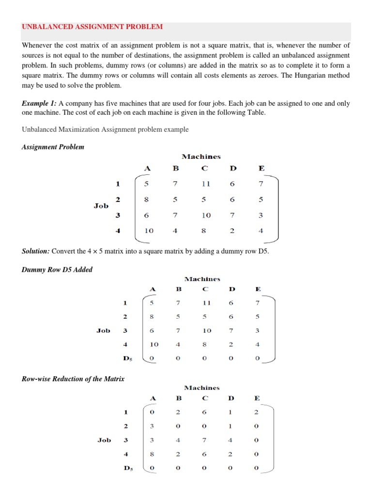 Unbalanced Assignment Problem PDF | PDF | Matrix (Mathematics ...