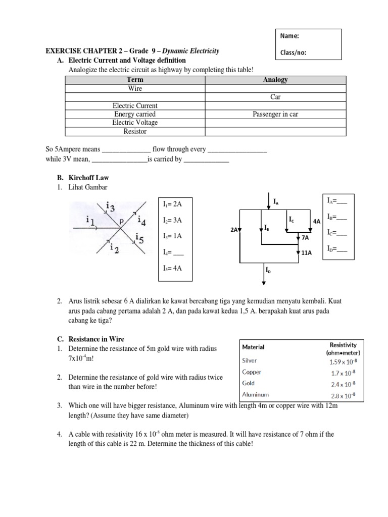 EXERCISE CHAPTER 2 - Grade 9 - Dynamic Electricity A. Electric Current ...