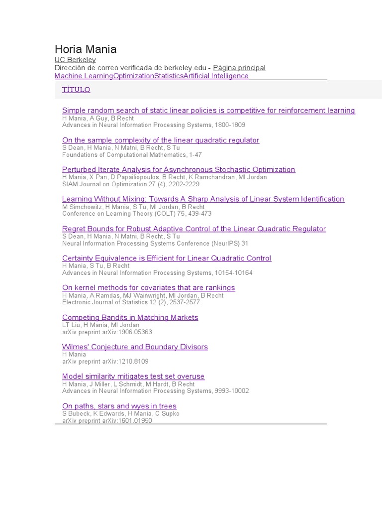 Horia Mania: Machine Learning Optimization Statistics Artificial ...